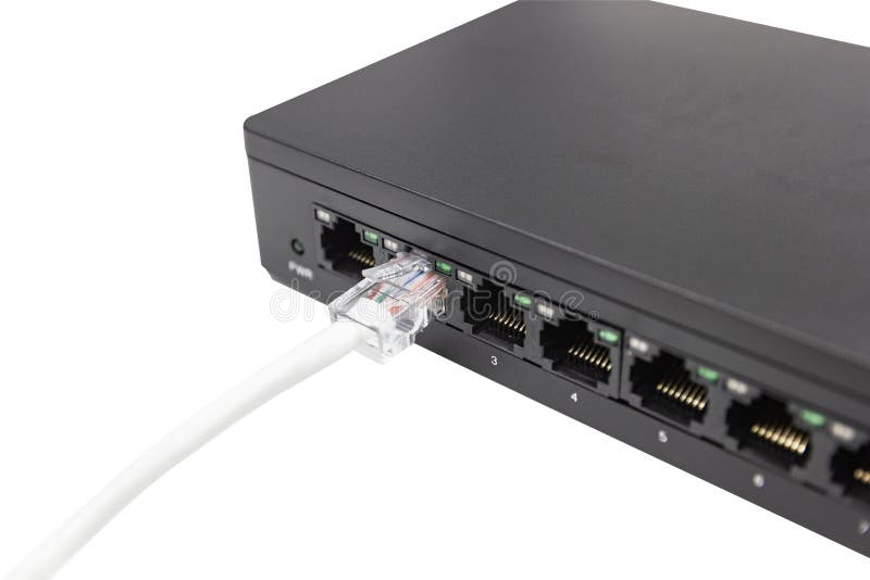 The Blue Network Cables Connect Port Switch on White Table Concept ...