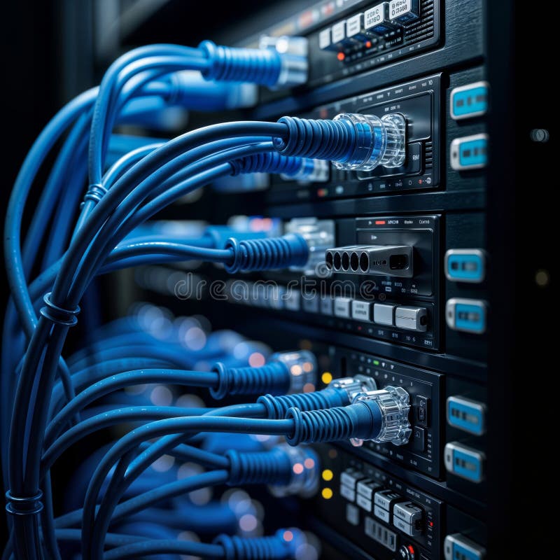 Blue Network Cables Connecting To Server Rack, Generative Ai Stock ...