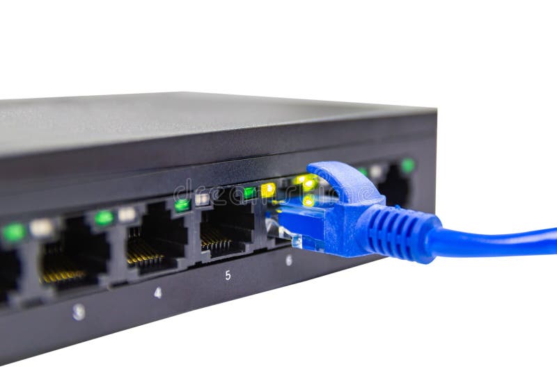 The Blue Network Cables Connect Port Switch on White Table Stock Image ...