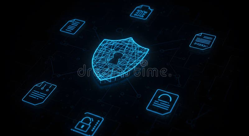 Blue Network Shield with Data Documents for Cyber Security Protection ...