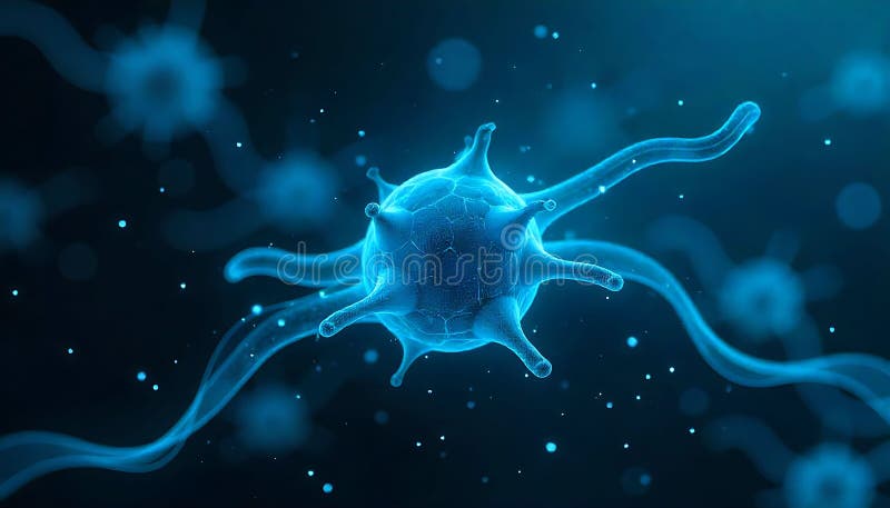 A Detailed Blue Neuron Cell with Dendrites and Axons on a Dark Blue ...