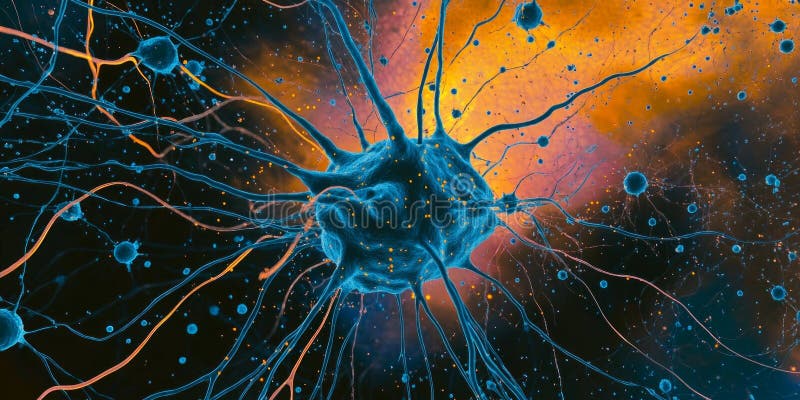 Blue Neuron Cell with Synapses Against Vivid Background in Neuroscience ...
