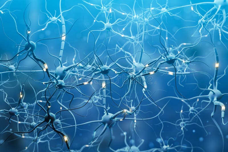 Blue Neurons with Glowing Fragments Over Blue Stock Illustration ...