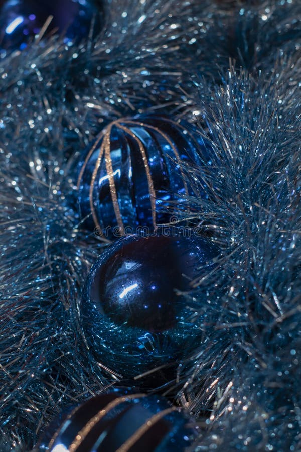 Blue New Years Decorations in Blue Tinsel for Christmas Tree Stock ...