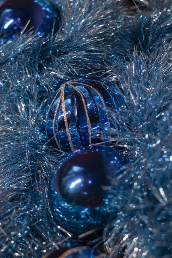 Blue New Years Decorations in Blue Tinsel for Christmas Tree Stock ...