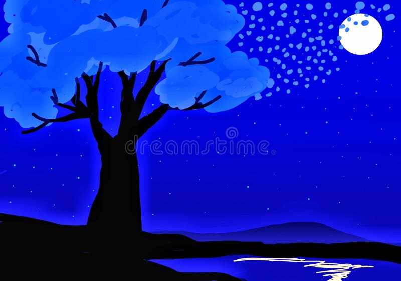 Blue Night and Moon, with Tree and Fog Weather. Stock Illustration ...