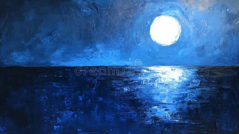 Blue Night Ocean Seascape Painting with Full Moon Stock Illustration ...