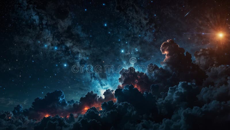 Blue Night Sky, Celestial Explosion, and Glowing Nebula in a Futuristic ...