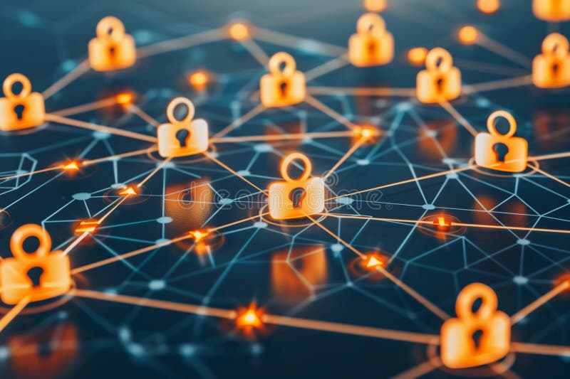 Blue Nodes Connected with Orange Lock Representing Network Security ...