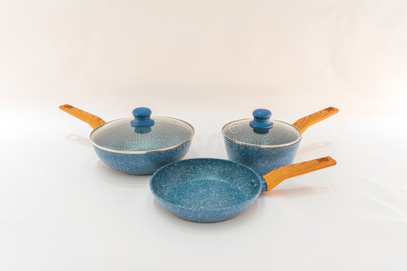 Blue Non-Stick Pot and Teflon Pan with Wooden Handle Stock Image ...