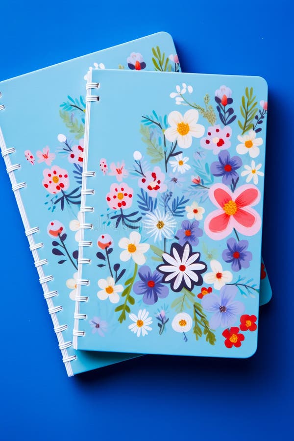 Blue Notebook with Flower Pattern on it and Blue Background. Generative ...