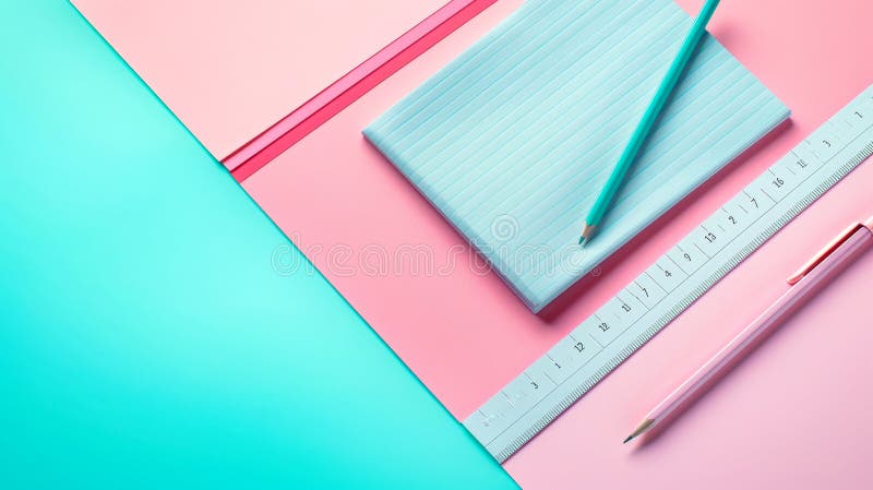 A Blue Notebook, Pencil, and Ruler Lie on a Pastel Pink and Blue ...