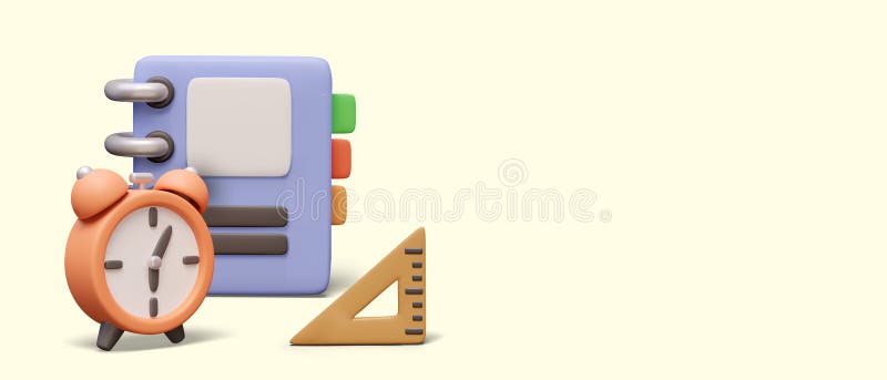 Blue Notebook, Watch Clock, and Wooden Ruler in Realistic Cartoon Style ...