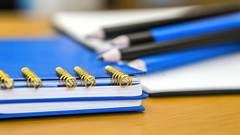 Blue Notebooks, Pencils, Office Desk, Work Stock Photo - Image of ...