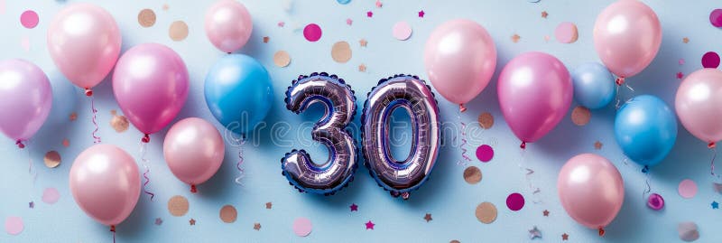 Blue Number 30 Balloons with Colourful Balloons on a Pastel Blue ...