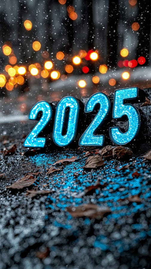 A Blue Number 2025 on a Snowy Street at Night Stock Illustration ...