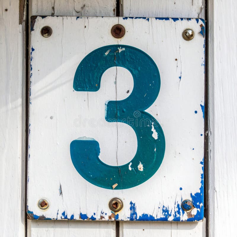 Blue Number Three Painted on a Weathered White Wooden Square Panel ...