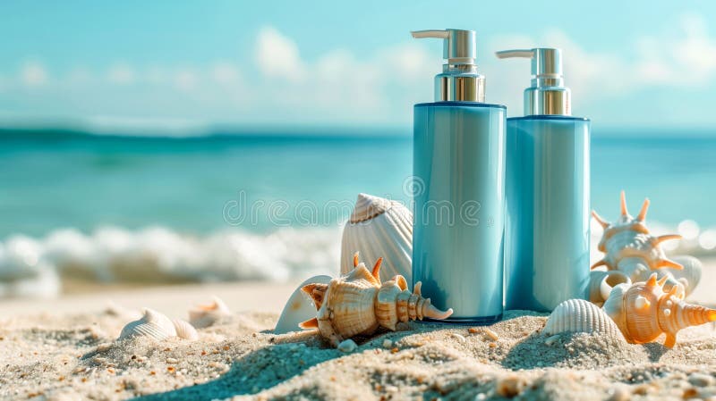 Sunscreen in Blue Bottles on a Sandy Beach. Stock Illustration ...