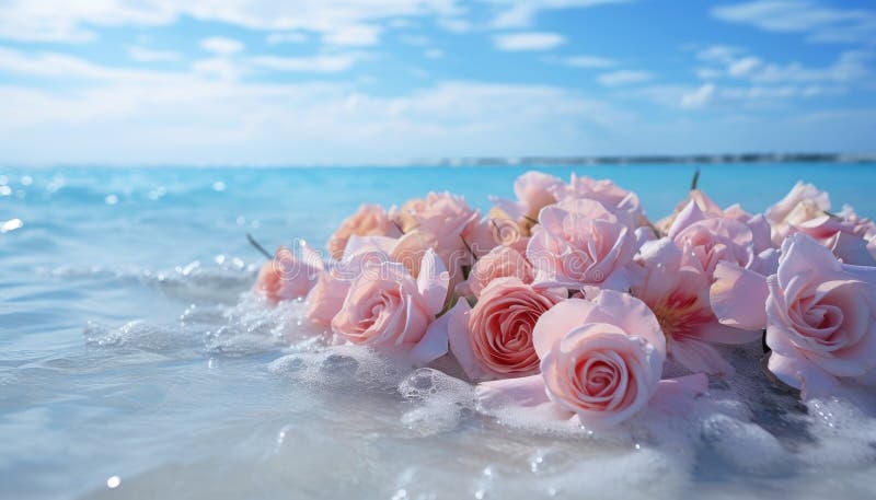 Blue Ocean with Clean Sky and Roses on the Beach Stock Illustration ...