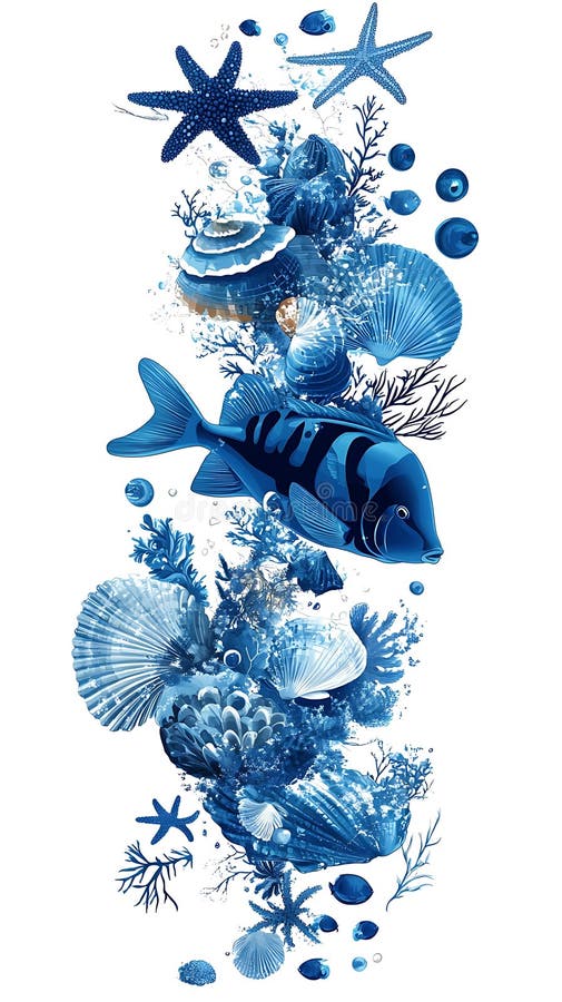 Blue Ocean Fish, Shells, Starfish, Coral Vertical Composition Stock ...