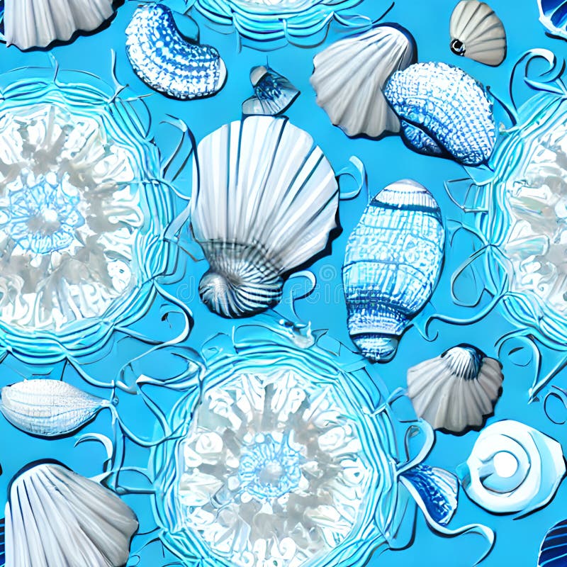 Blue Ocean Seashells Pattern Stock Illustration - Illustration of wave ...