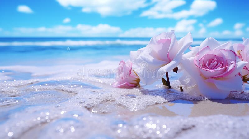 Blue Ocean, Blue Sky, White Sand Beach of Maldives, Pink Roses on the ...