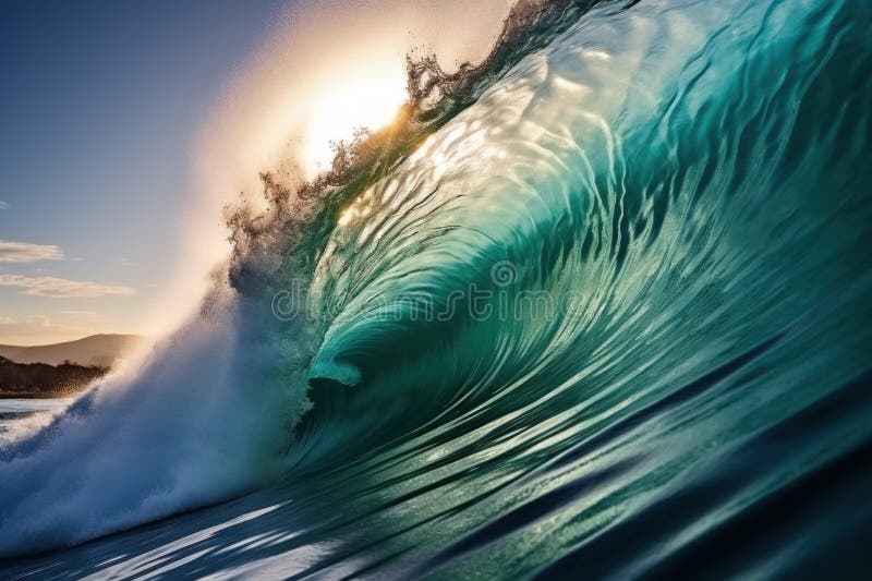 Blue Ocean Surfing Wave Curls Near Coastline Stock Illustration ...