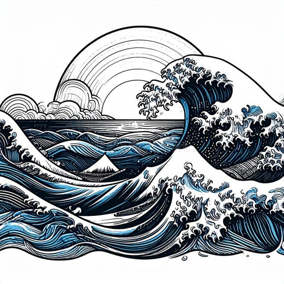 Blue Ocean Wave with Rising Sun Illustration Stock Illustration ...
