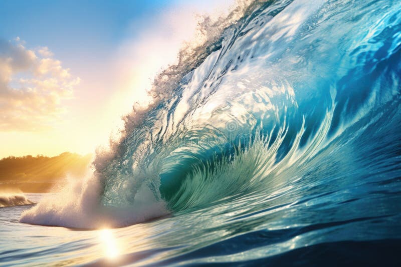 Image Captures a Powerful Blue Ocean Wave with Clear Blue Sky ...