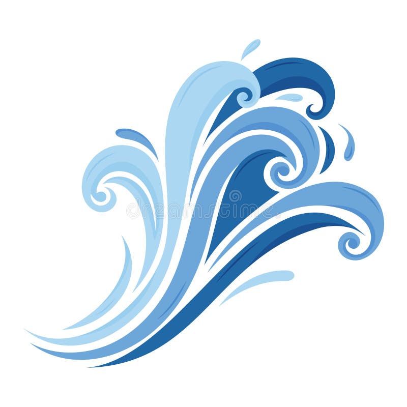 Blue Ocean Wave Splash with Swirls and Water Drops Isolated on White ...