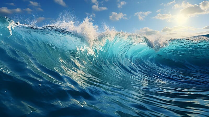 Blue Ocean Wave with Splashes and Sun. 3d Render Illustration Stock ...