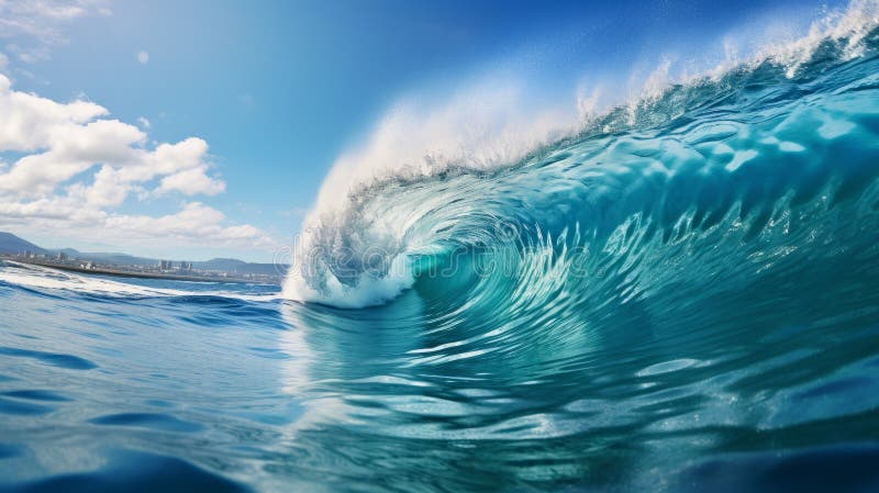 Blue Ocean Wave with Splashing Water Surface and Blue Sky Background ...