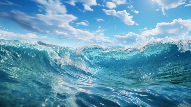 Blue Ocean Wave with Sun Flare. 3D Rendering and Illustration Stock ...