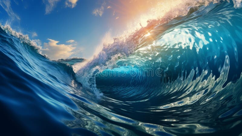 Blue Ocean Wave with Sun and Blue Sky. 3D Rendering Stock Illustration ...