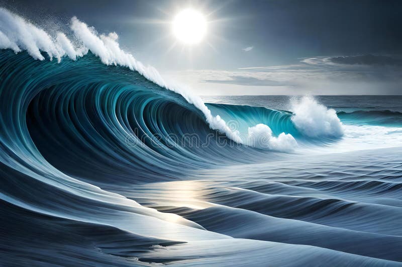Blue Ocean Wave with Sun in the Sky Stock Illustration - Illustration ...