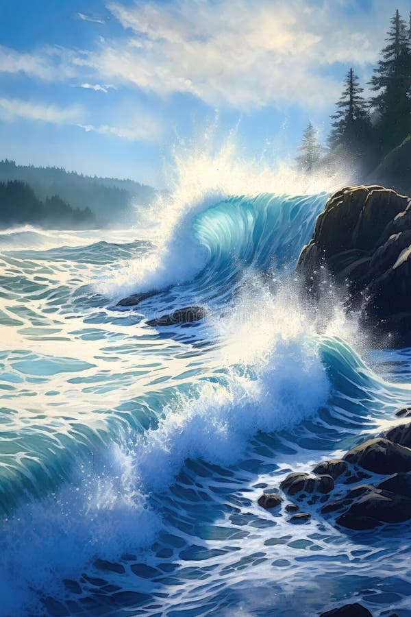 Blue Ocean Waves Crashing on Shoreline Stock Illustration ...