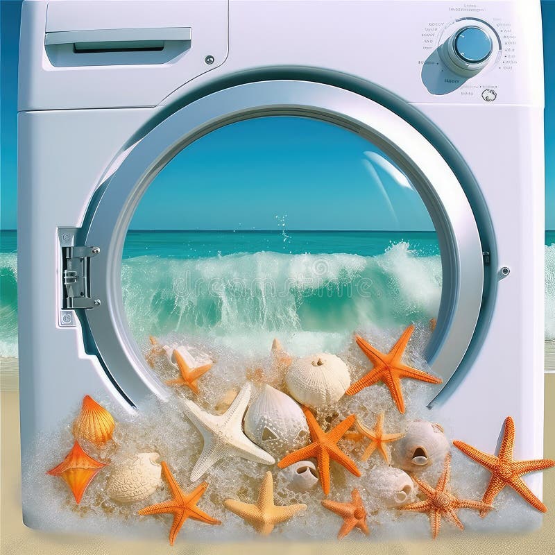 Blue Ocean Waves and Seashells, Starfish Inside White Modern Washing ...