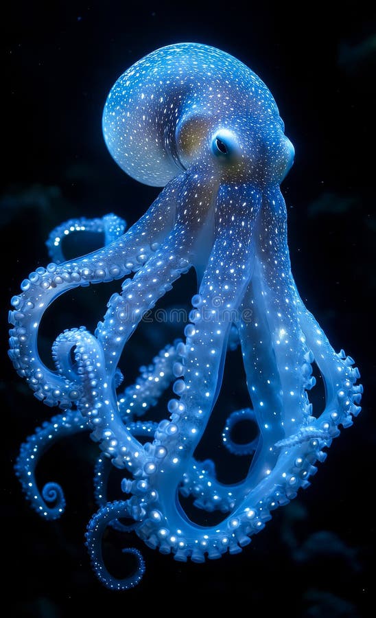 A Blue Octopus with Glowing Eyes is the Main Focus of the Image Stock ...
