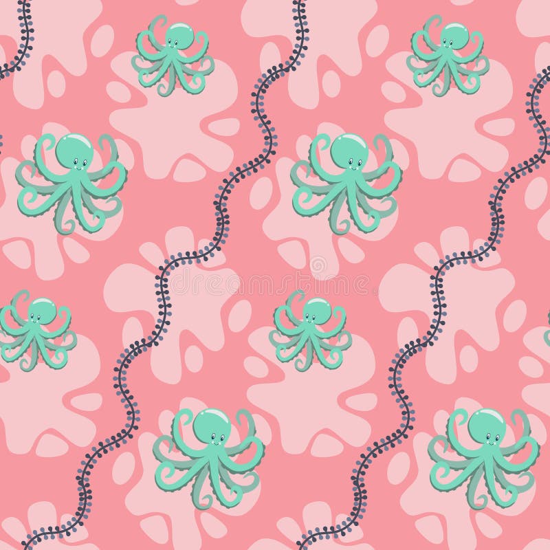 Pink Octopus on Green White Pastel Background Seamless Pattern for Baby ...