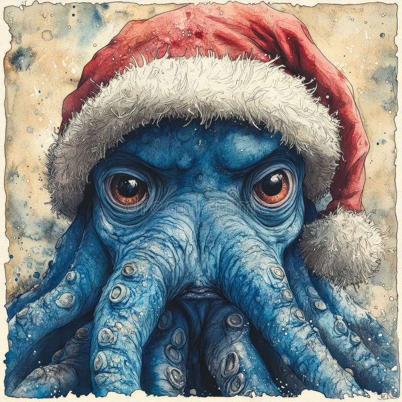 Blue Octopus with a Red Hat on Its Head Stock Image - Image of xmas ...