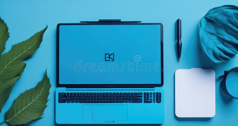 Blue Office Desk Laptop with a Tablet Flat Lay Stock Illustration ...