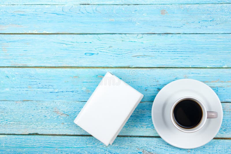 Blue Office Desk Table with Computer, Pen and a Cup of Coffee, Lot of ...