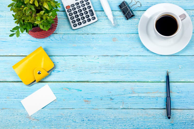 Blue Office Desk Table with Computer, Pen and a Cup of Coffee, Lot of ...