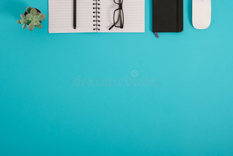 Blue Office Desk Table and Office Objects.High Angle View with Copy ...