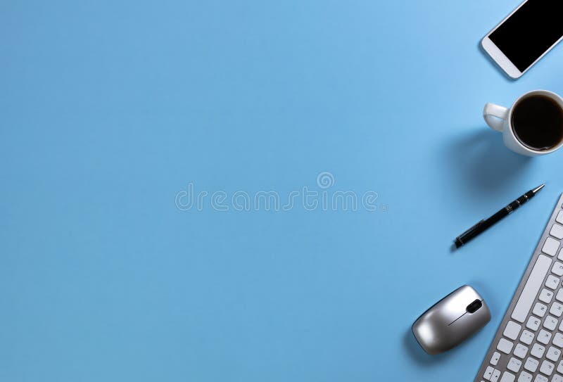 Blue Office Desk Top with Computer Keyboard, Morning Coffee and Other ...