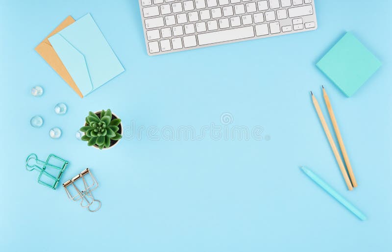 Blue Office Desktop. Top View of Modern Bright Table with Office ...