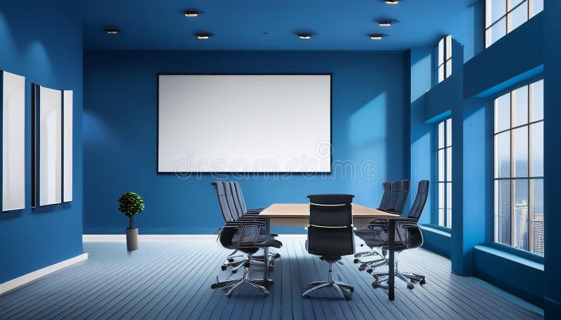 Blue Office Meeting Room Interior with Poster Stock Illustration ...