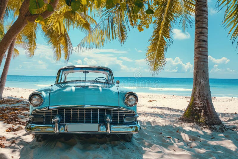 Blue Old Car Parked on a Tropical Beach Stock Illustration ...