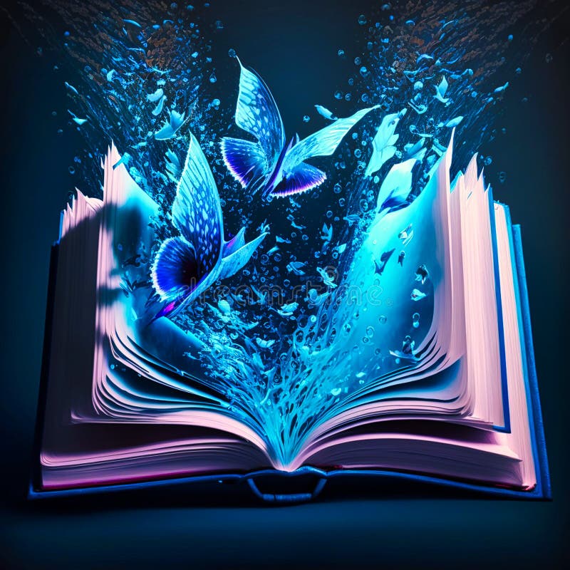A Blue Open Book with Pages Flying Out of it, Generative AI Stock ...