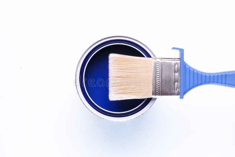 Blue Open Paint Can with Brush on it Isolated on White Background Stock ...